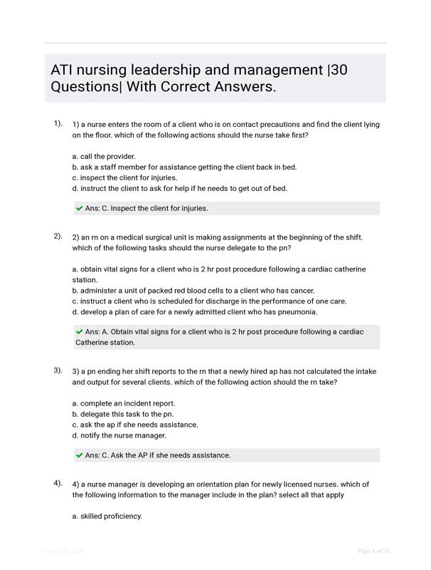 ATI nursing leadership and management |30 Questions| With Correct ...