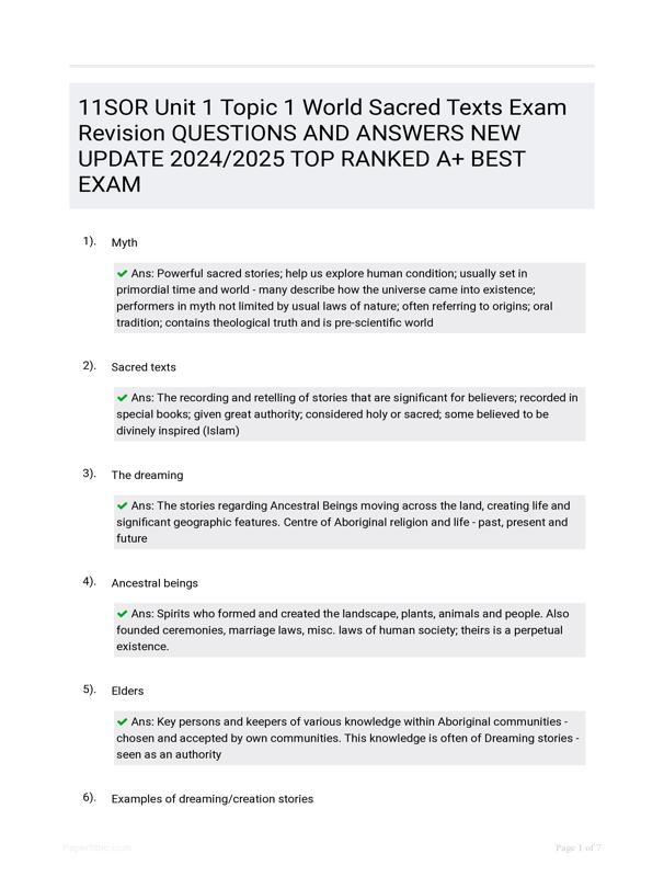 11SOR Unit 1 Topic 1 World Sacred Texts Exam Revision QUESTIONS AND ...