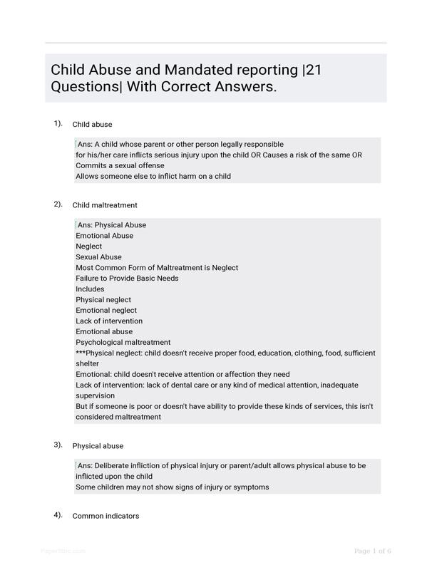 Child Abuse and Mandated reporting |21 Questions| With Correct Answers ...