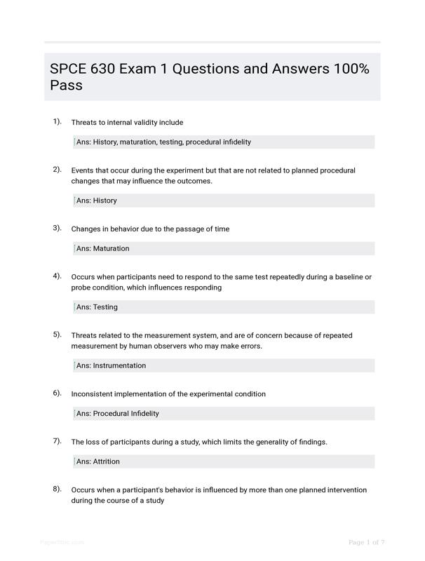 SPCE 630 Exam 1 Questions and Answers 100% Pass - PaperSoc