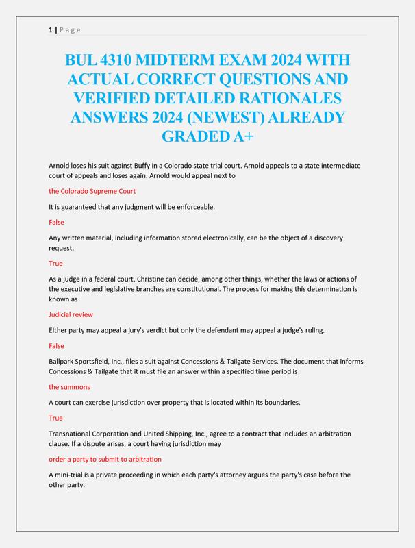 BUL 4310 MIDTERM EXAM 2024 WITH ACTUAL CORRECT QUESTIONS AND VERIFIED DETAILED RATIONALES ...