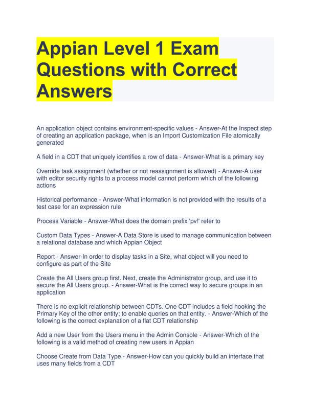 Appian Level 1 Exam Questions with Correct Answers Guaranteed A+ grade pass - PaperSoc