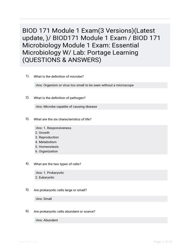 BIOD 171 Module 1 Exam(3 Versions)(Latest update, )/ BIOD171 Module 1 ...