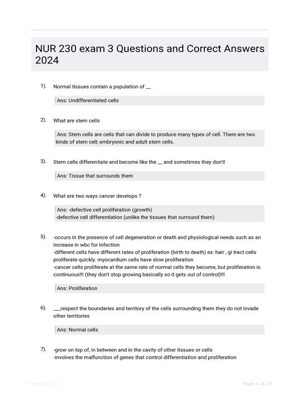 NUR 230 exam 3 Questions and Correct Answers 2024 - PaperSoc