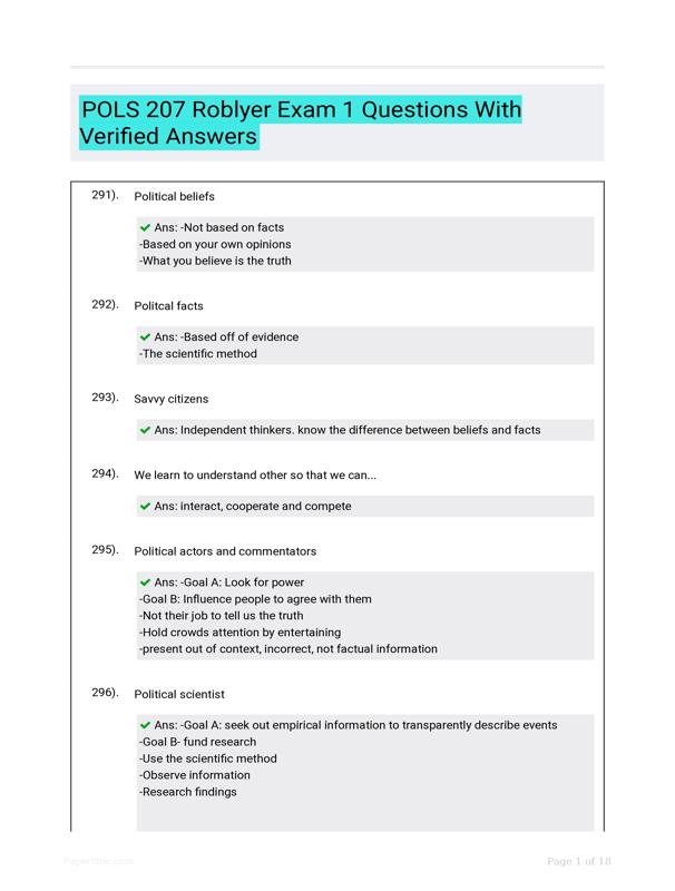 POLS 207 Roblyer Exam 1 Questions With Verified Answers - PaperSoc