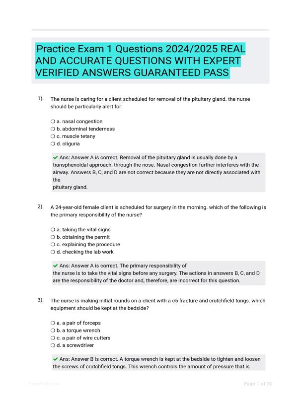 Practice Exam 1 Questions 2024/2025 REAL AND ACCURATE QUESTIONS WITH ...