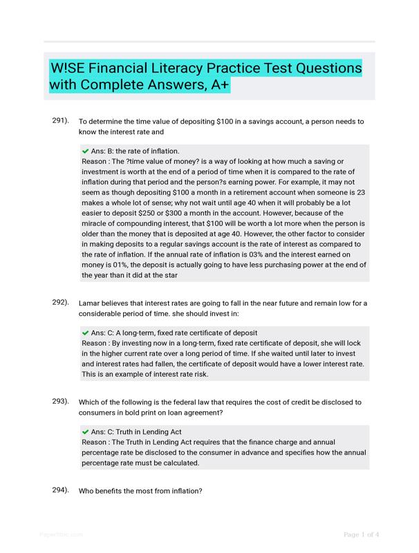 W!SE Financial Literacy Practice Test Questions with Complete Answers ...