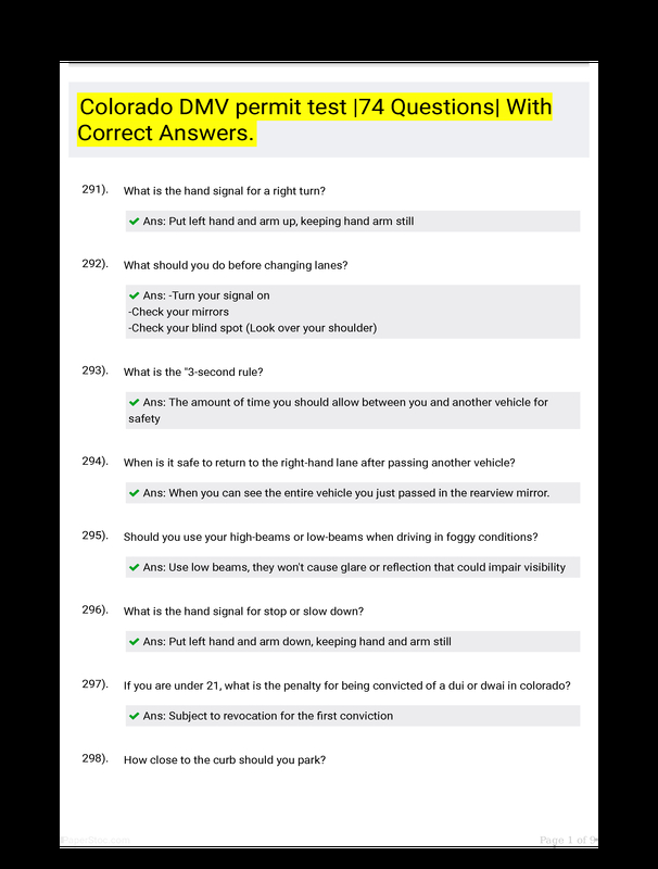 Colorado DMV permit test |74 Questions| With Correct Answers. - PaperSoc