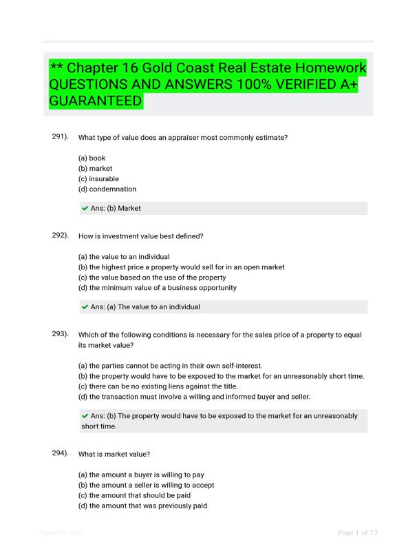 ** Chapter 16 Gold Coast Real Estate Homework QUESTIONS AND ANSWERS 100 ...