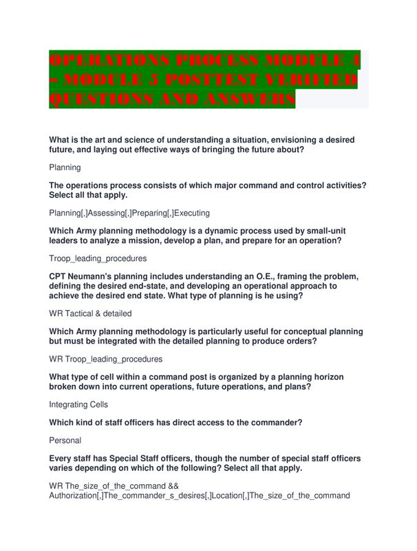 OPERATIONS PROCESS MODULE 4 MODULE 5 POSTTEST VERIFIED QUESTIONS AND ...