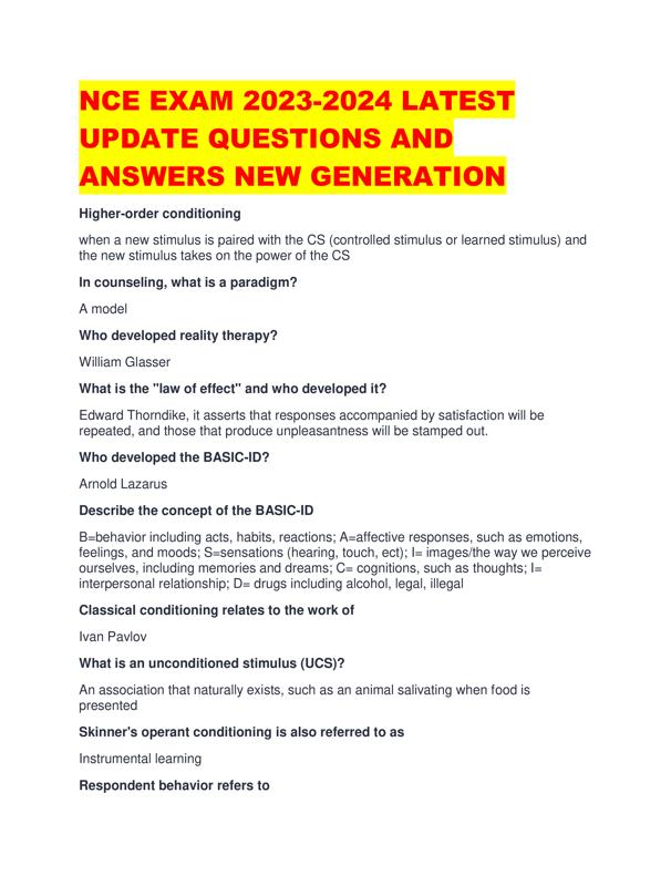 NCE EXAM 2023-2024 LATEST UPDATE QUESTIONS AND ANSWERS NEW GENERATION ...