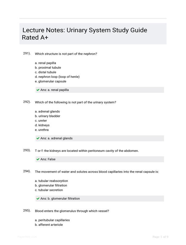 Lecture Notes: Urinary System Study Guide Rated A+ - PaperSoc