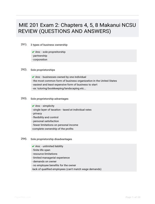 MIE 201 Exam 2: Chapters 4, 5, 8 Makanui NCSU REVIEW (QUESTIONS AND ...