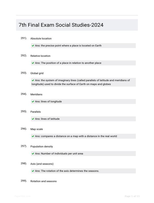 7th Final Exam Social Studies-2024 - PaperSoc