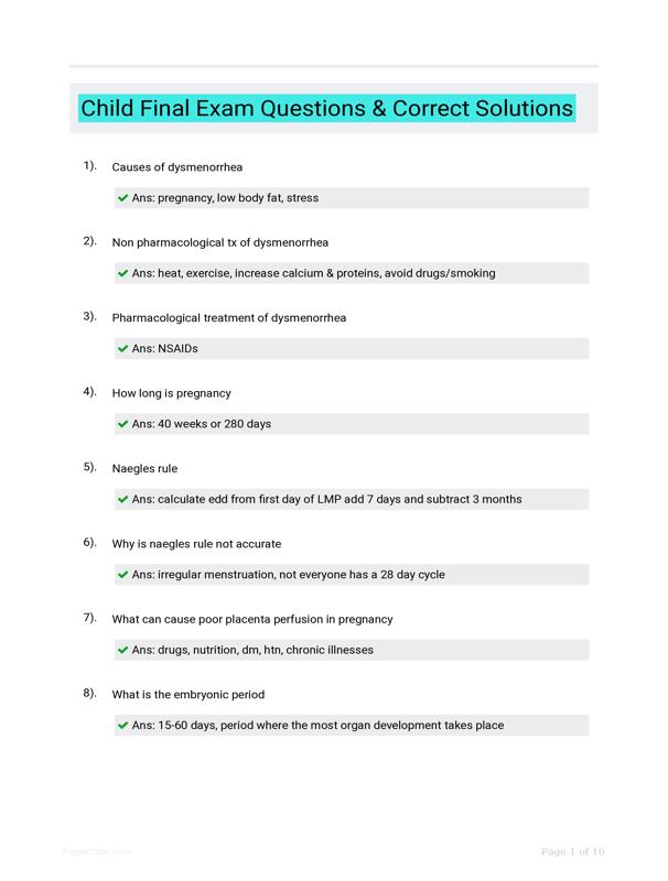 Child Final Exam Questions & Correct Solutions - PaperSoc