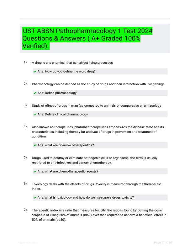 UST ABSN Pathopharmacology 1 Test 2024 Questions & Answers ( A+ Graded ...