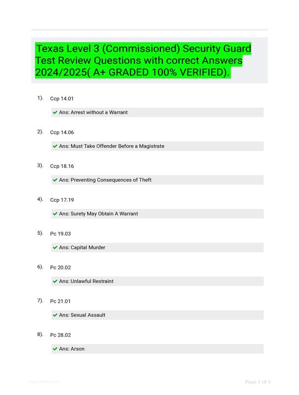 Texas Level 3 (Commissioned) Security Guard Test Review Questions with ...