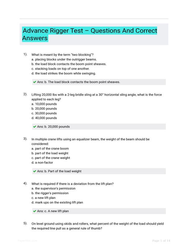 Advance Rigger Test Questions And Correct Answers - PaperSoc