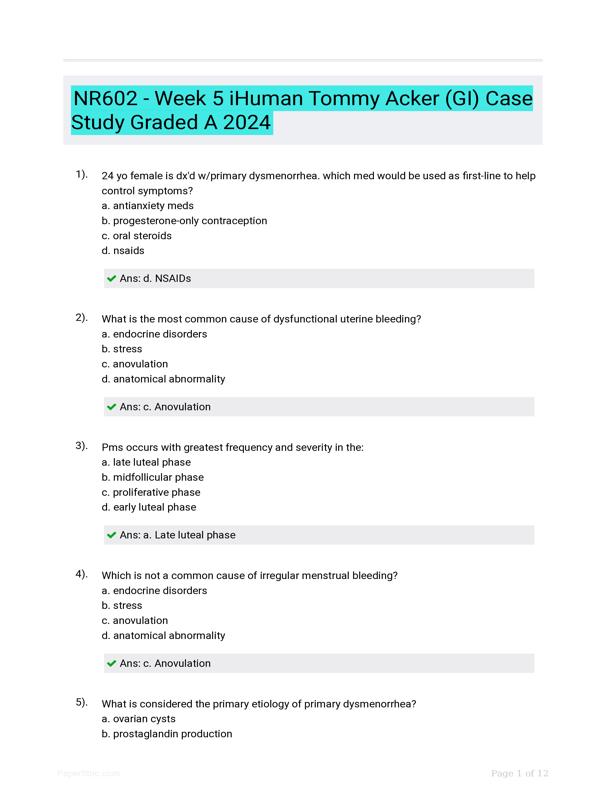 NR602 - Week 5 iHuman Tommy Acker (GI) Case Study Graded A 2024 - PaperSoc
