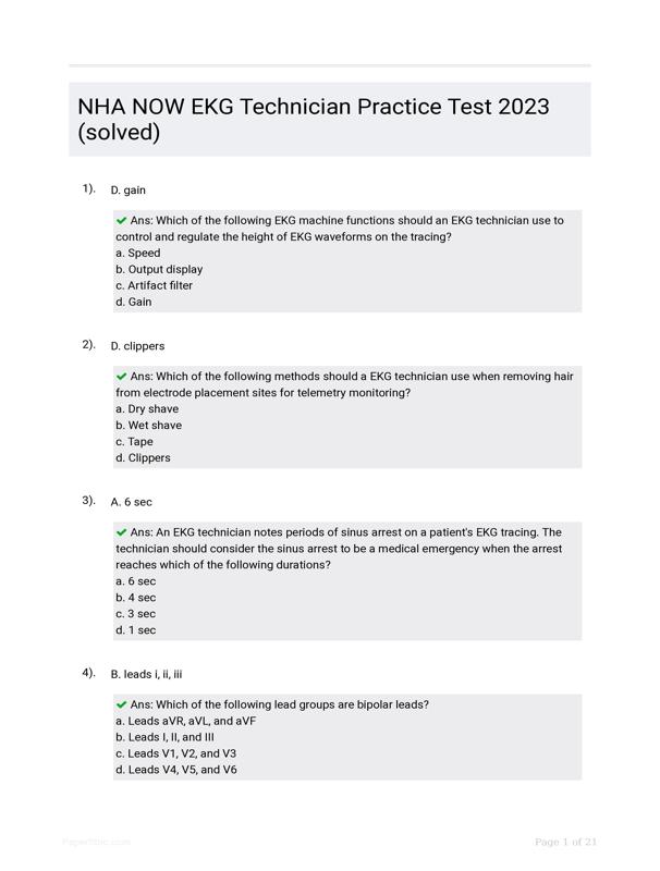 NHA NOW EKG Technician Practice Test 2023 (solved) - PaperSoc
