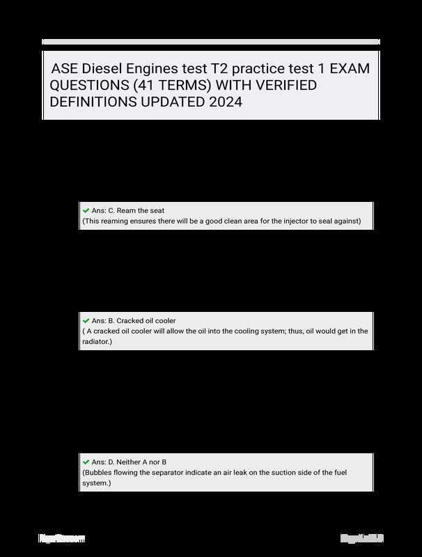 ASE Diesel Engines test T2 practice test 1 EXAM QUESTIONS (41 TERMS ...