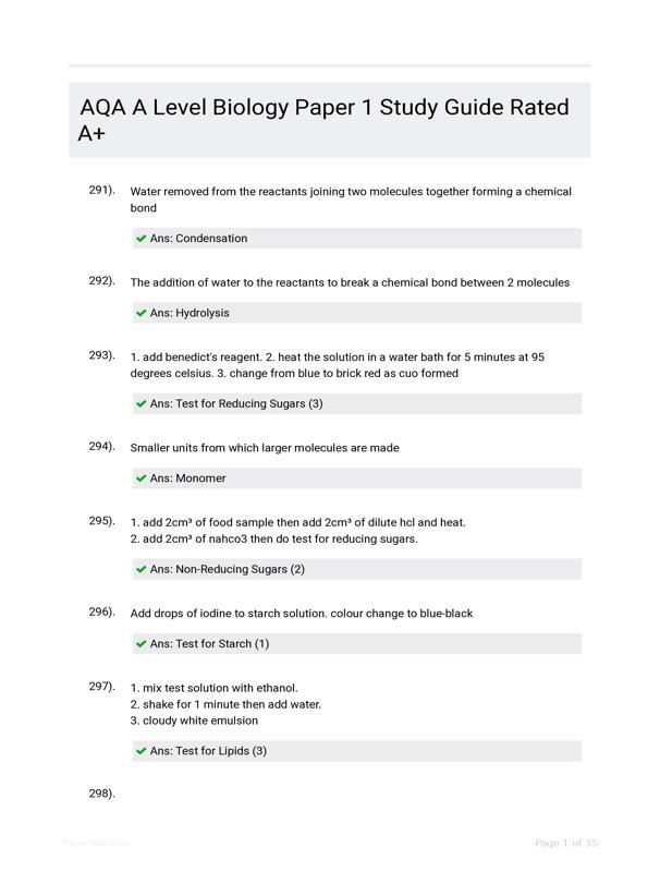 AQA A Level Biology Paper 1 Study Guide Rated A+ - PaperSoc