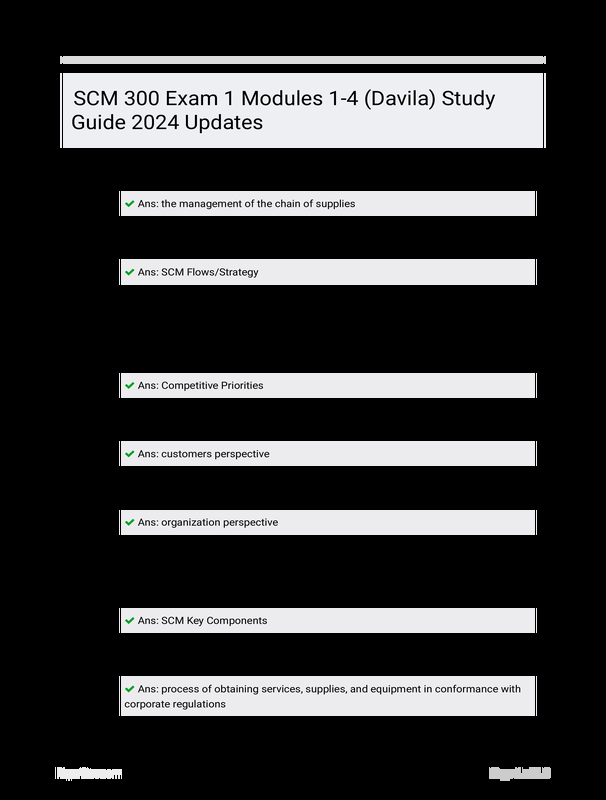 SCM 300 Exam 1 Modules 1-4 (Davila) Study Guide 2024 Updates - PaperSoc