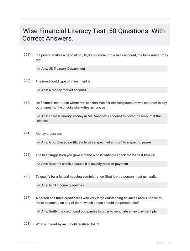 Wise Financial Literacy Test |50 Questions| With Correct Answers ...