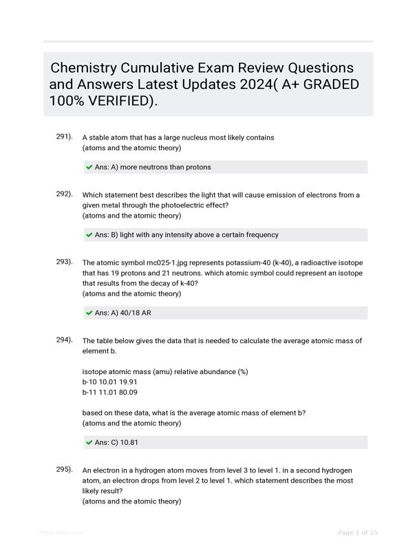 Chemistry Cumulative Exam Review Questions and Answers 2024 - PaperSoc