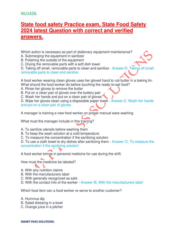 State food safety Practice exam, State Food Safety 2024 latest Question ...