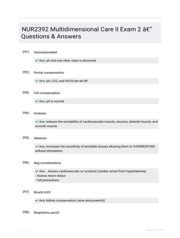 NUR2392 Multidimensional Care II Exam 2 - Questions & Answers - PaperSoc