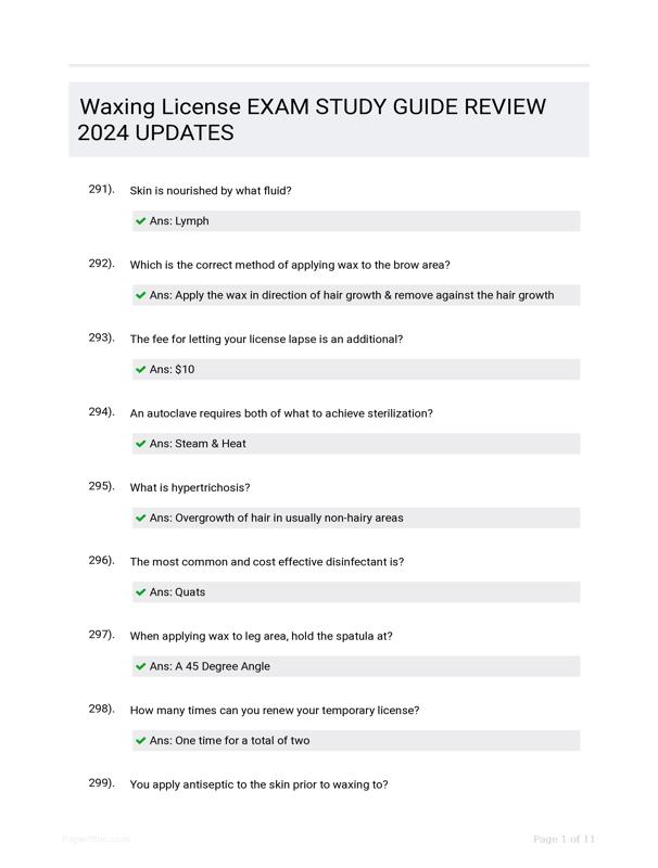 Waxing License EXAM STUDY GUIDE REVIEW 2024 UPDATES - PaperSoc
