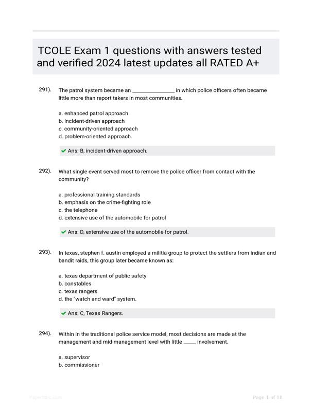 TCOLE Exam 1 questions with answers tested and verified 2024 latest ...