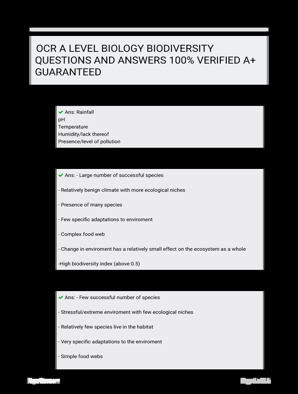 OCR A LEVEL BIOLOGY BIODIVERSITY QUESTIONS AND ANSWERS 100% VERIFIED A+ GUARANTEED - PaperSoc