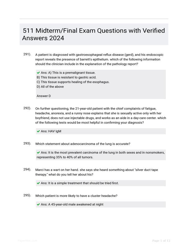 511 Midterm/Final Exam Questions with Verified Answers 2024 - PaperSoc
