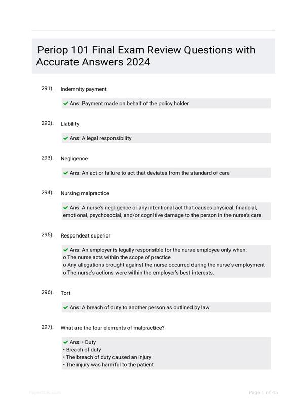 Periop 101 Final Exam Review Questions with Accurate Answers 2024 ...
