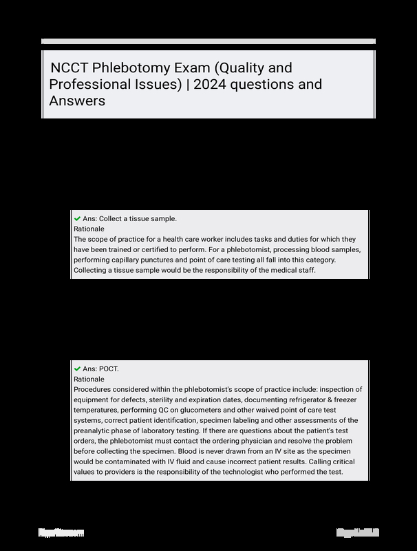 NCCT Phlebotomy Exam (Quality and Professional Issues) | 2024 questions and Answers - PaperSoc