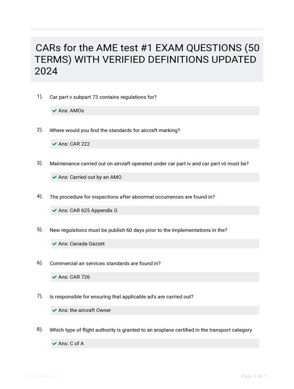 CARs for the AME test #1 EXAM QUESTIONS (50 TERMS) WITH VERIFIED ...