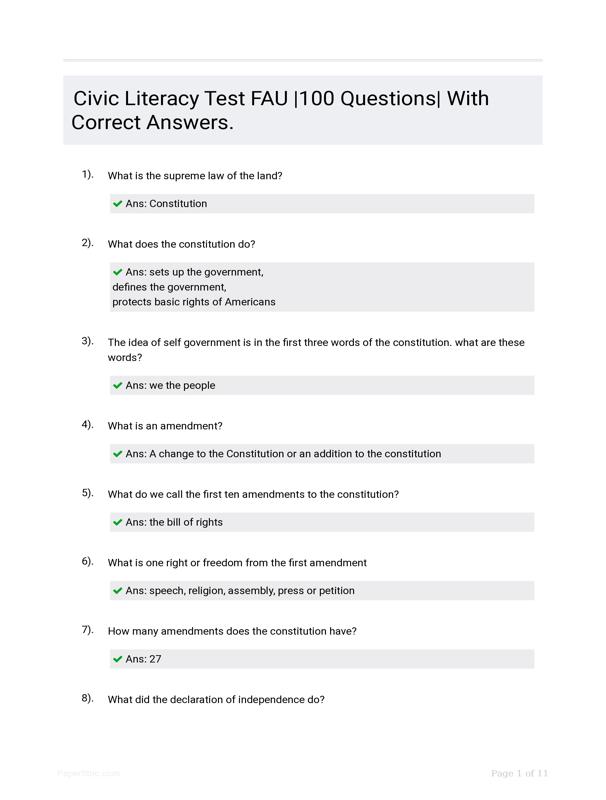 Civic Literacy Test FAU |100 Questions| With Correct Answers. - PaperSoc