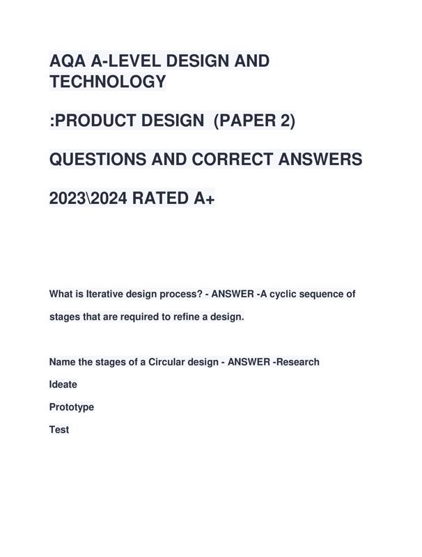 AQA A-LEVEL DESIGN AND TECHNOLOGY :PRODUCT DESIGN (PAPER 2) QUESTIONS AND CORRECT ANSWERS ...
