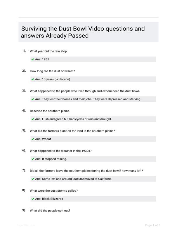 Surviving the Dust Bowl Video questions and answers Already Passed ...