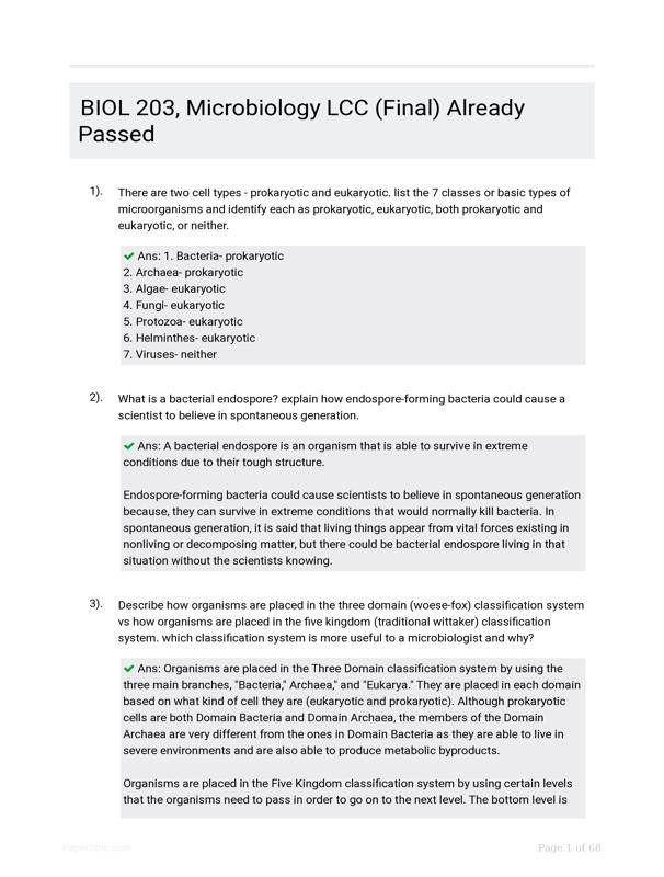 BIOL 203, Microbiology LCC (Final) Already Passed - PaperSoc