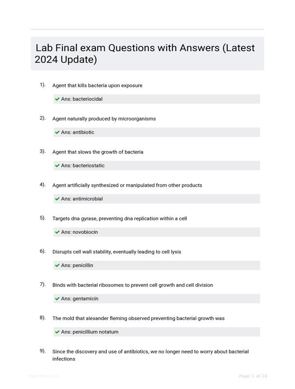 Lab Final exam Questions with Answers (Latest 2024 Update) - PaperSoc