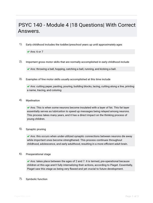 PSYC 140 - Module 4 |18 Questions| With Correct Answers. - PaperSoc