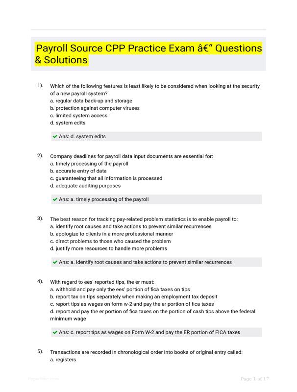 Payroll Source CPP Practice Exam - Questions & Solutions - PaperSoc