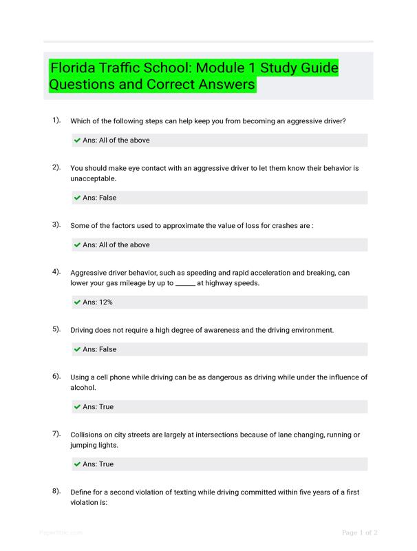 Florida Traffic School: Module 1 Study Guide Questions and Correct ...