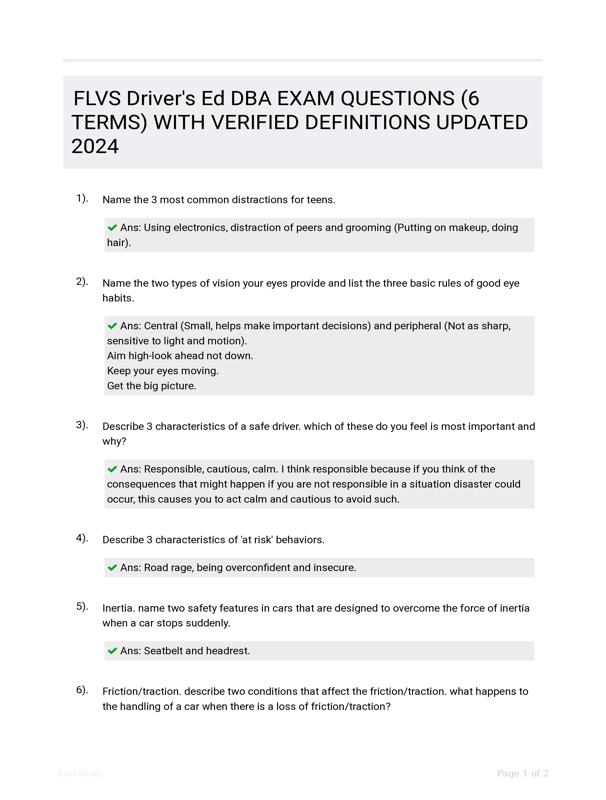 FLVS Driver's Ed DBA EXAM QUESTIONS (6 TERMS) WITH VERIFIED DEFINITIONS UPDATED 2024 - PaperSoc