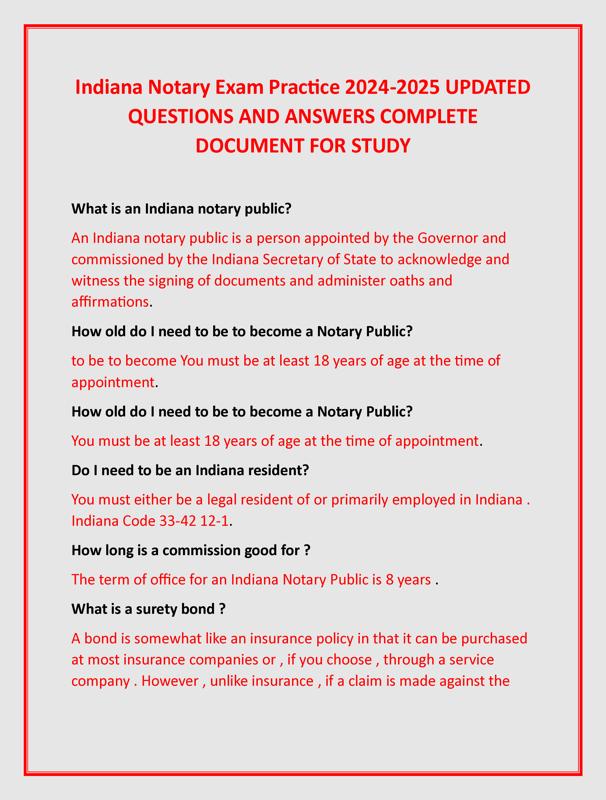 Indiana Notary Exam Practice 2024-2025 UPDATED QUESTIONS AND ANSWERS ...
