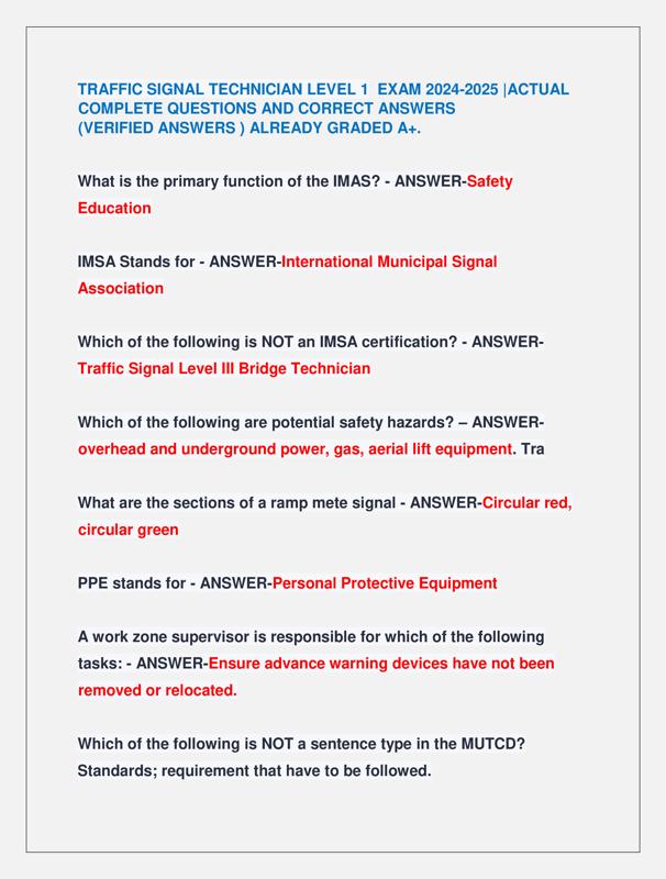 TRAFFIC SIGNAL TECHNICIAN LEVEL 1 EXAM 2024-2025 |ACTUAL COMPLETE ...