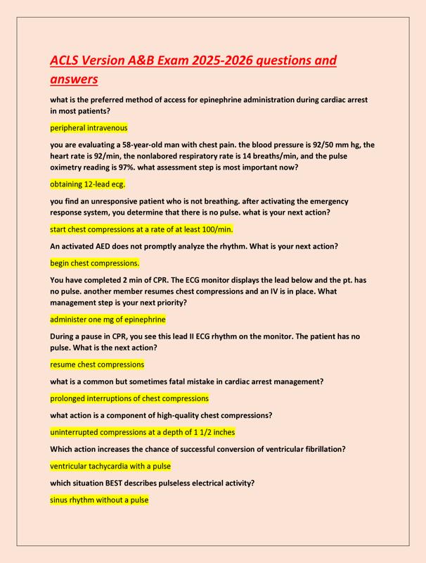 ACLS Version A&B Exam 2025-2026 questions and answers - PaperSoc